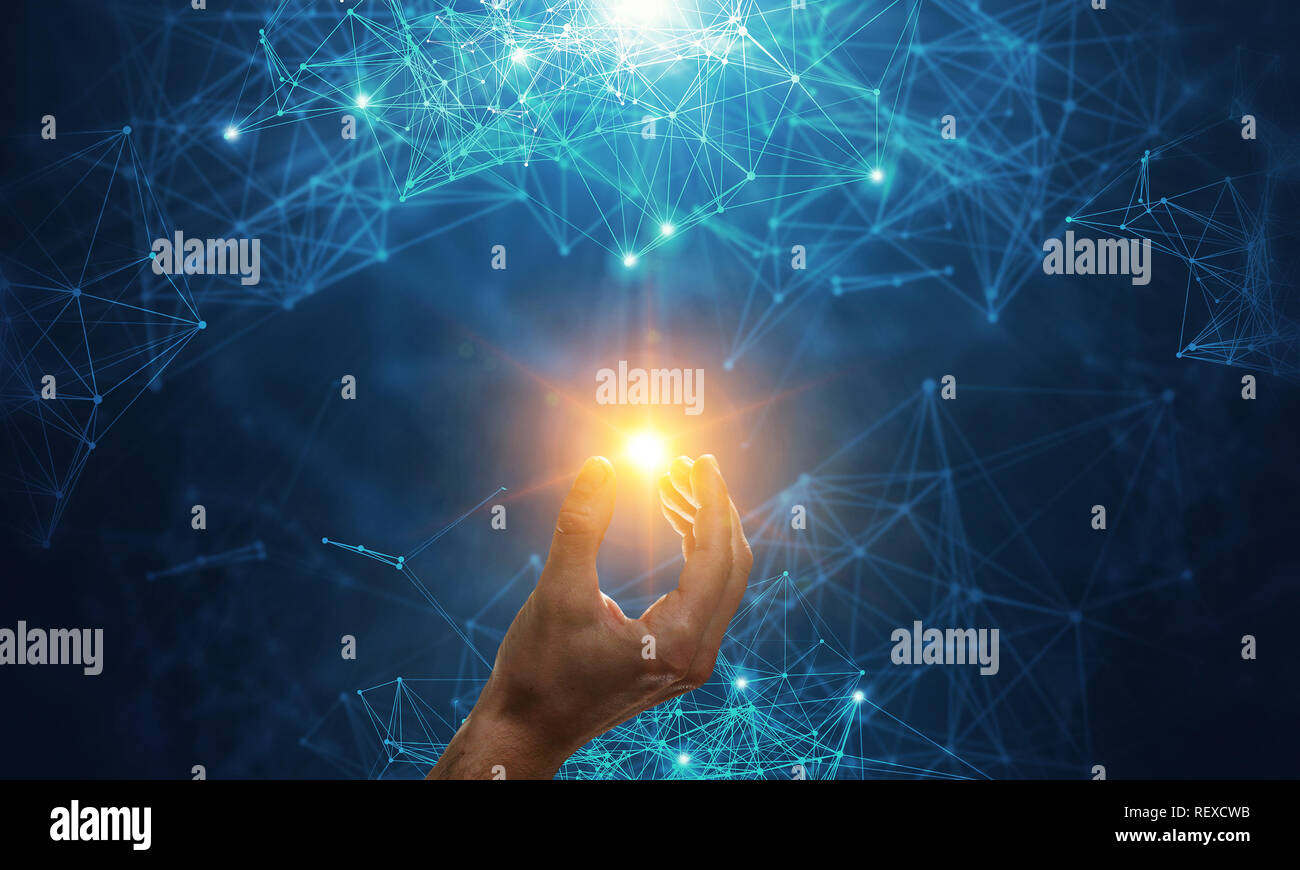 Business hand holding glowing light bulb against. 3d rendering Stock Photo - Alamy
