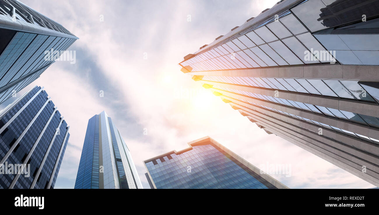 Bottom view of skyscraper and airplane flying in air Stock Photo - Alamy