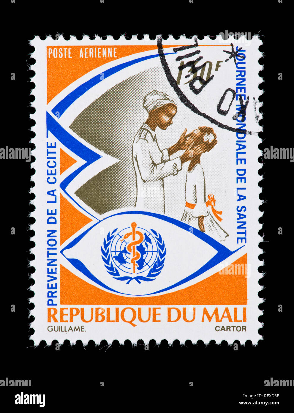 Postage stamp from Mali depicting an eye examination and the WHO emblem ...