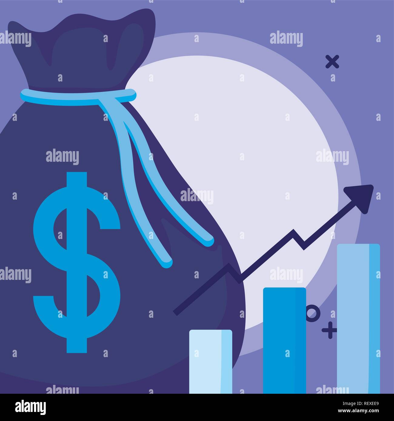 Money bag and bar chart over purple background, vector illustration ...