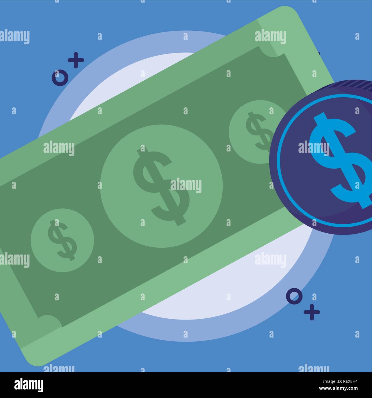money bill and coin over blue background, vector illustration Stock ...