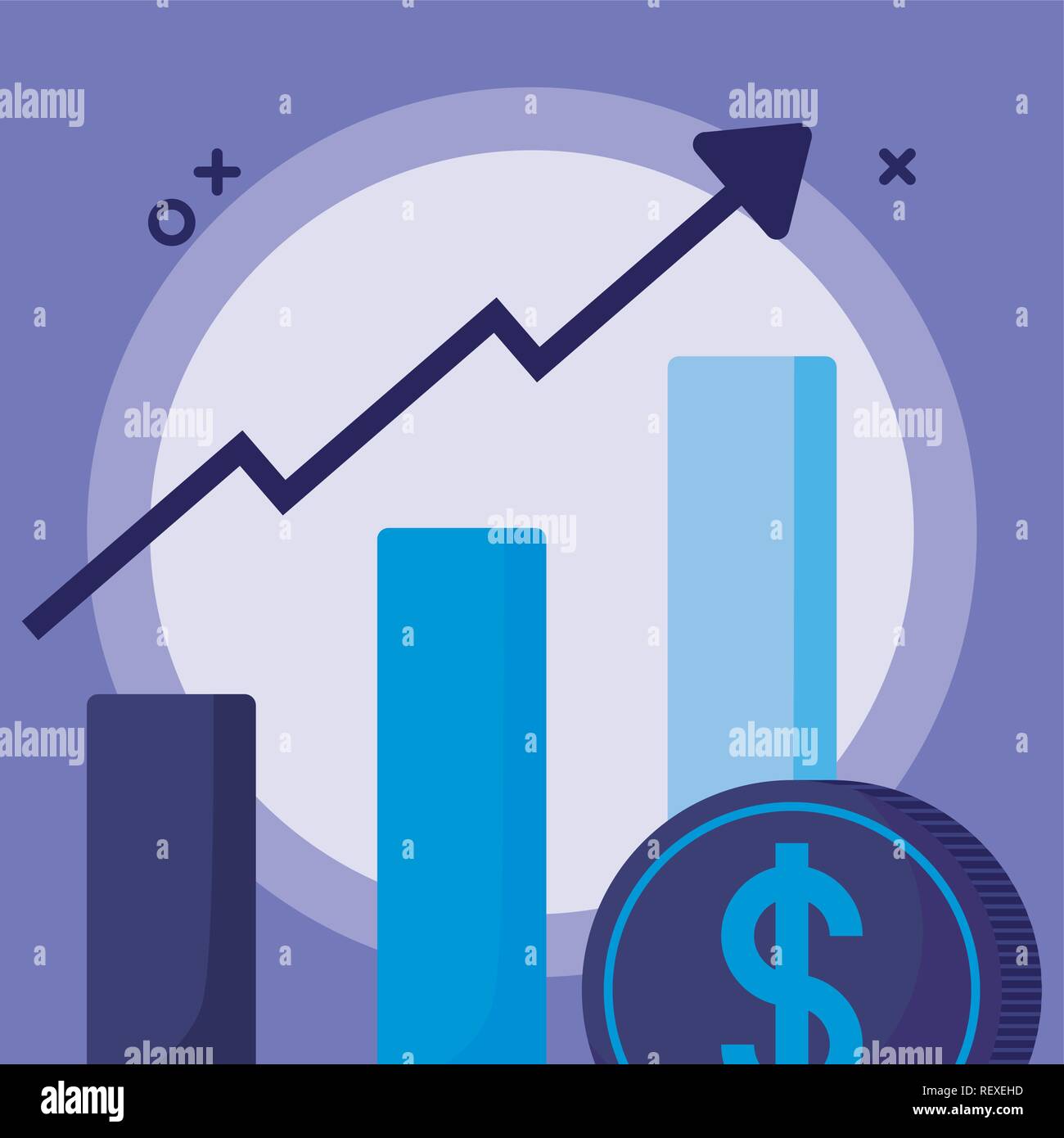 money coin and bar chart over purple background, vector illustration ...