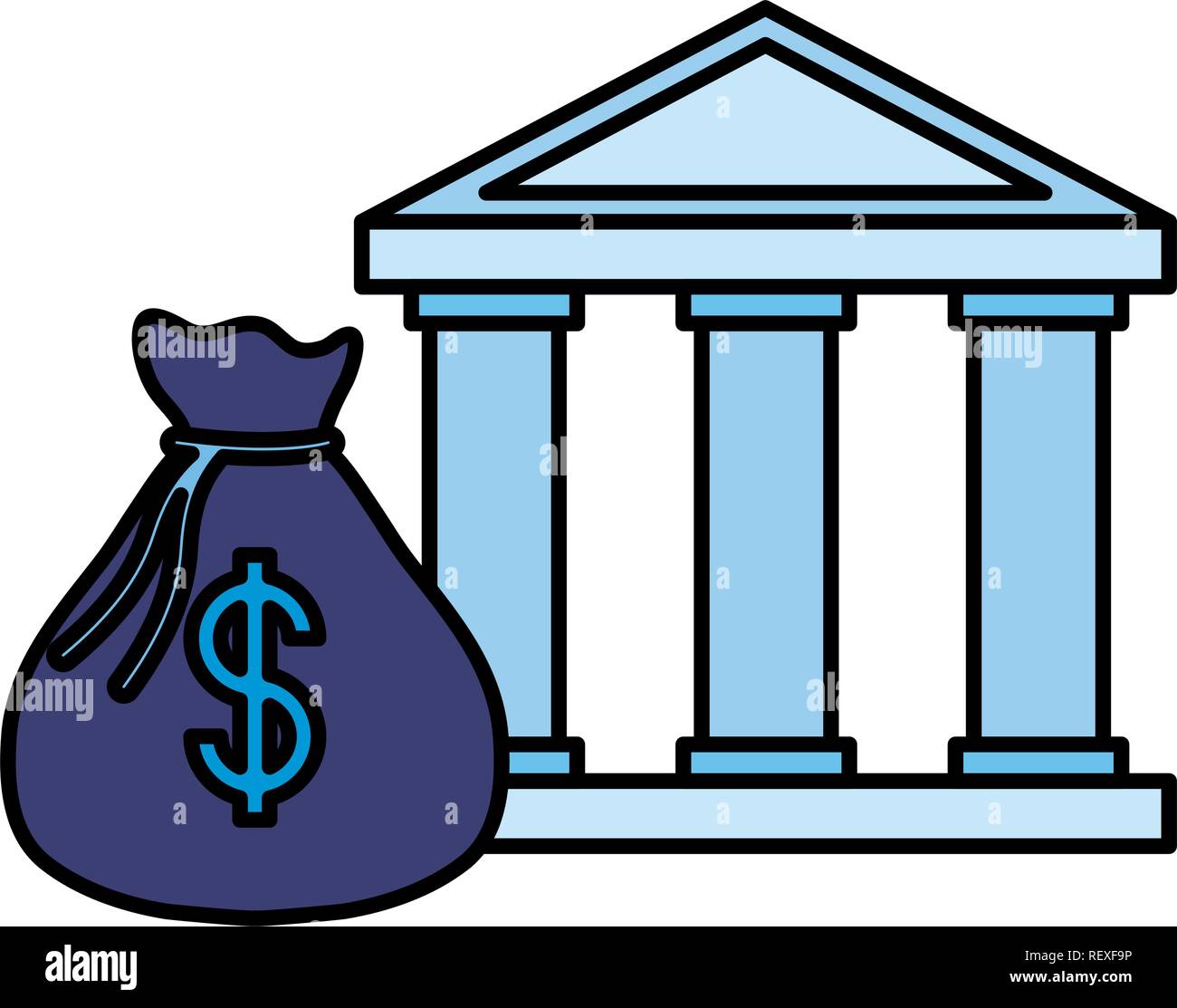 Bank building and money bag over white background, vector illustration ...