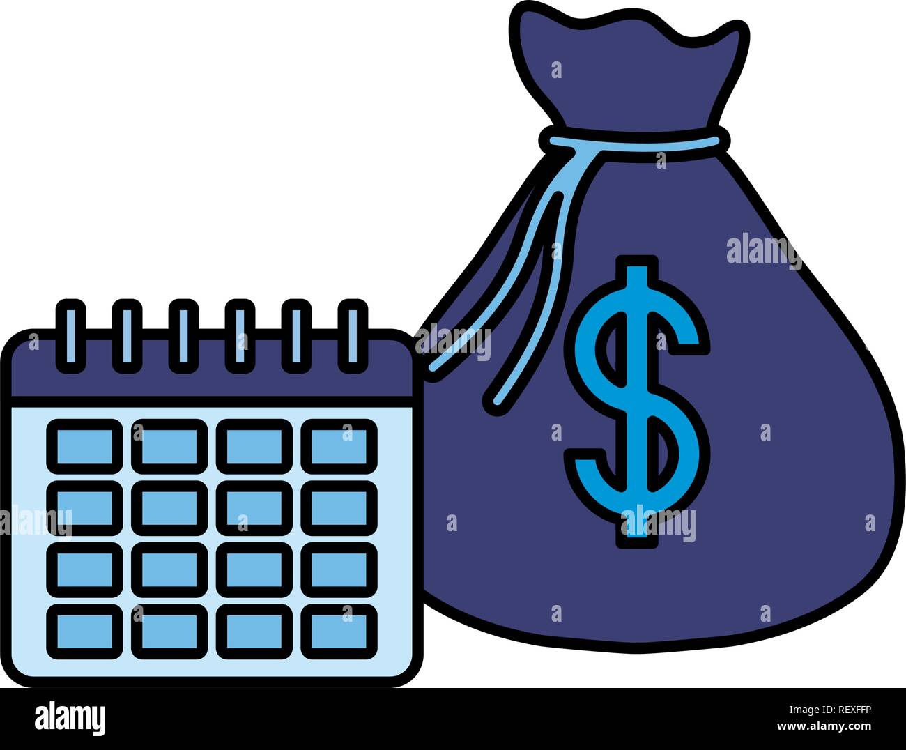 money bag and calendar planner over white background, vector ...