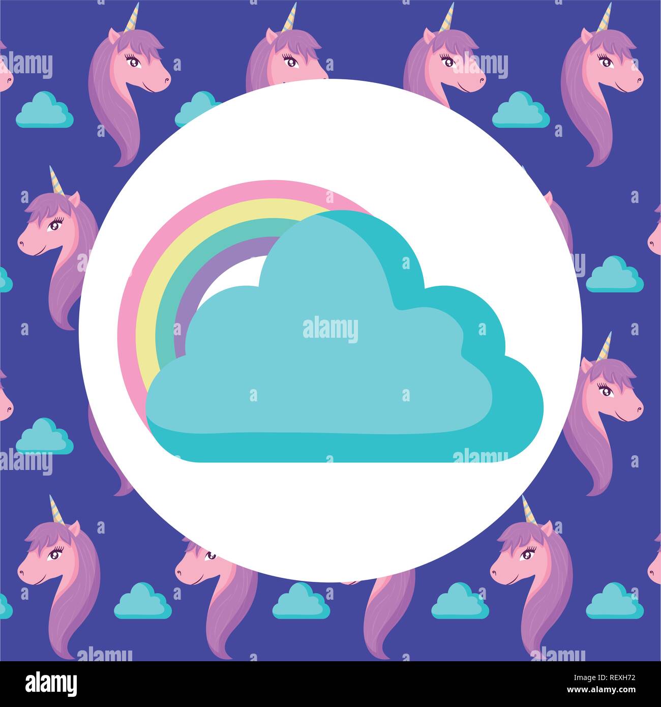 clouds and rainbow over unicorns background, colorful design. vector ...
