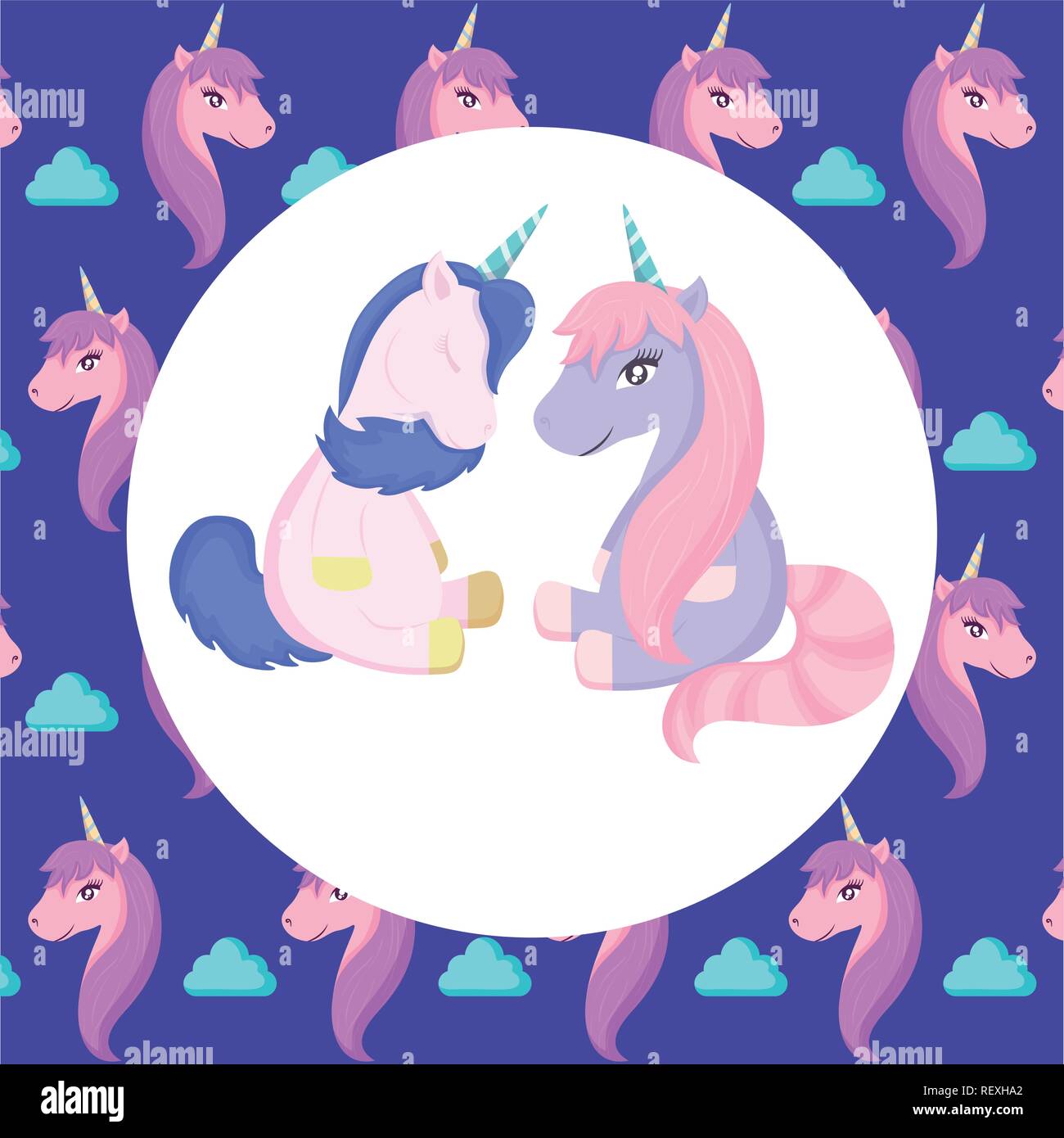 Magic unicorns over white background, colorful design. vector ...