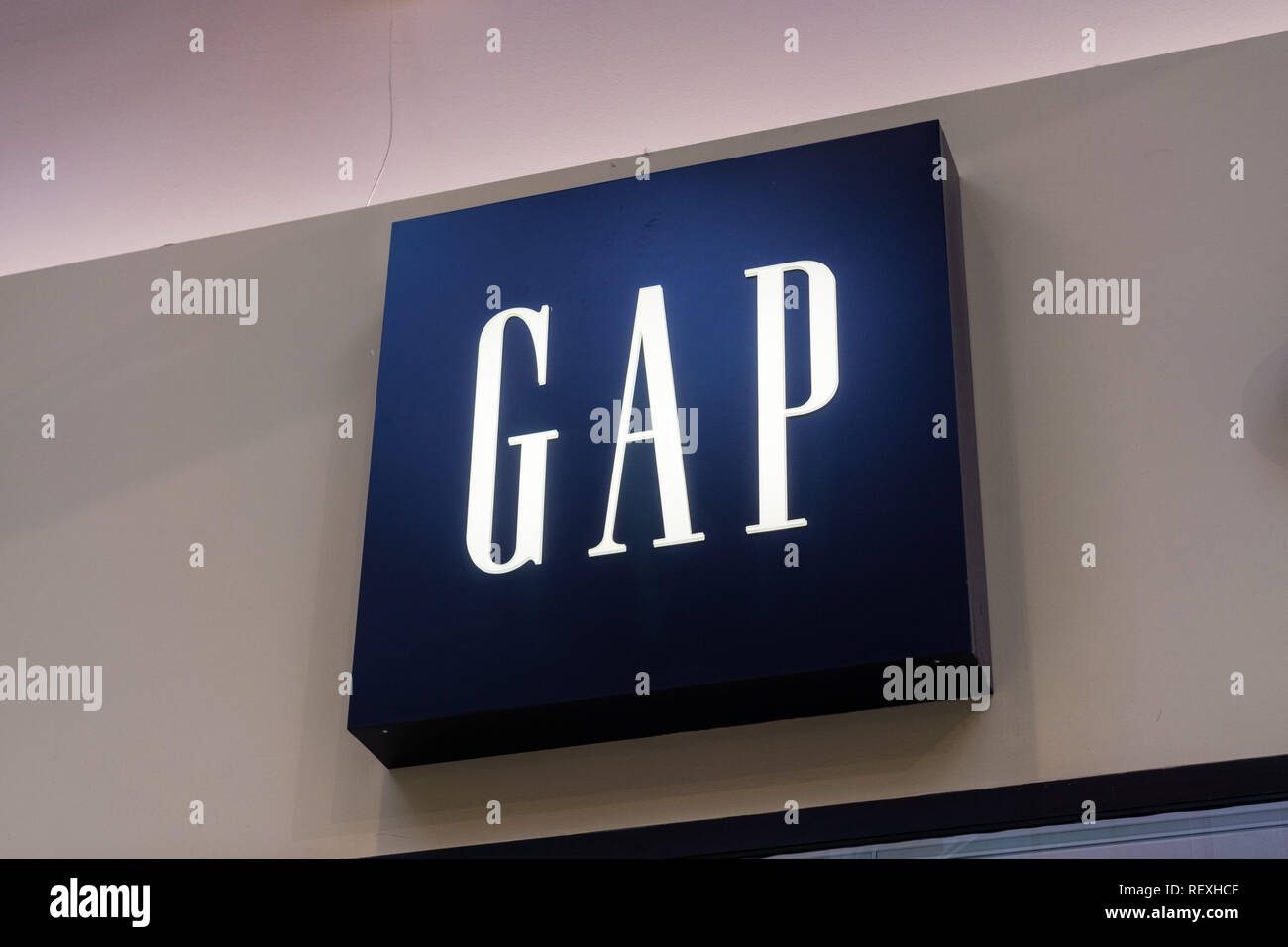 August 4, 2017 Milpitas/CA/USA - Gap logo above the store entrance at ...