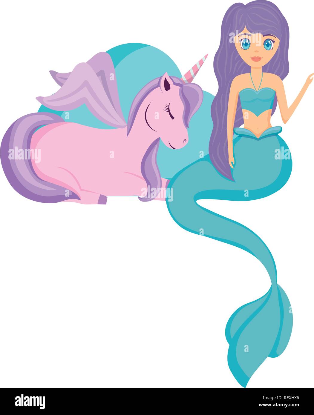 cute Mermaid and unicorn over white background, colorful design. vector ...
