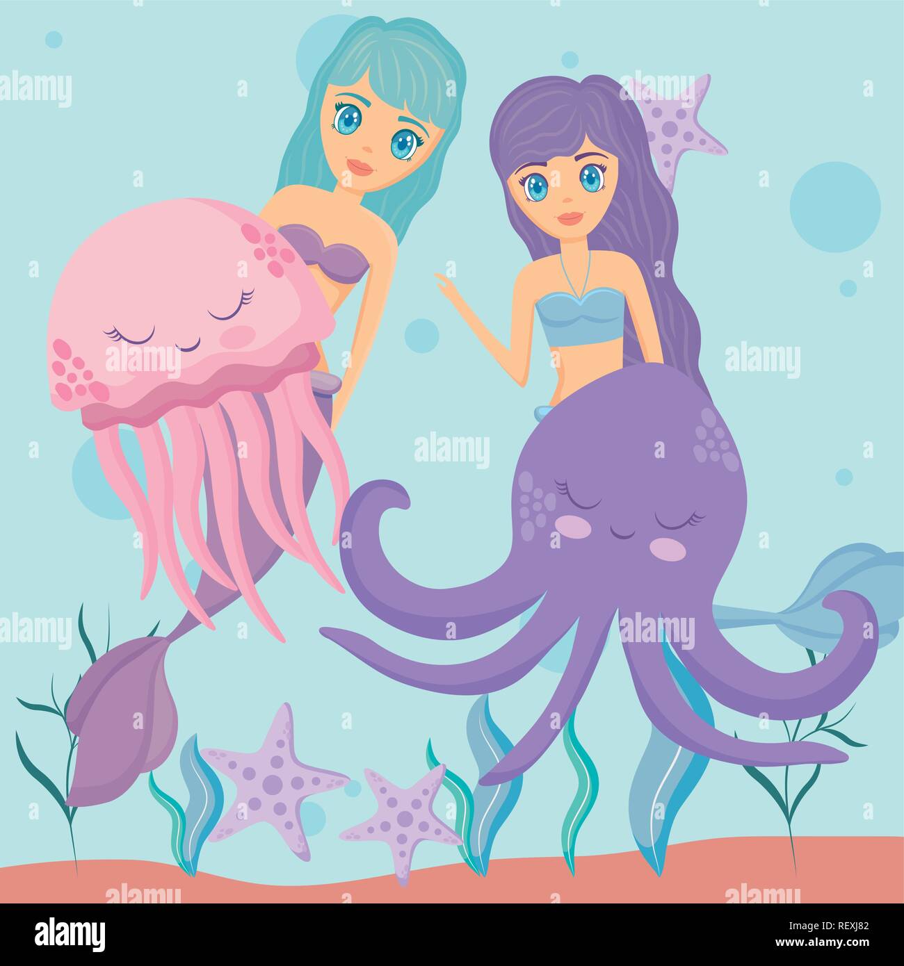 cute mermaids with octupus and jellyfish over sea background, colorful ...
