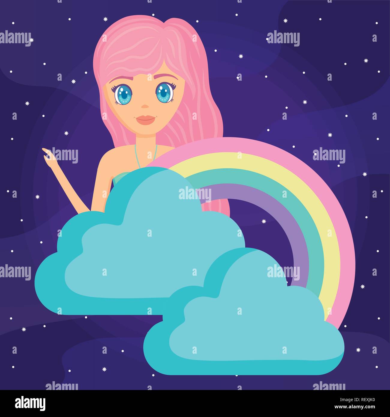 cute mermaid and rainbow over purple background, vector illustration ...