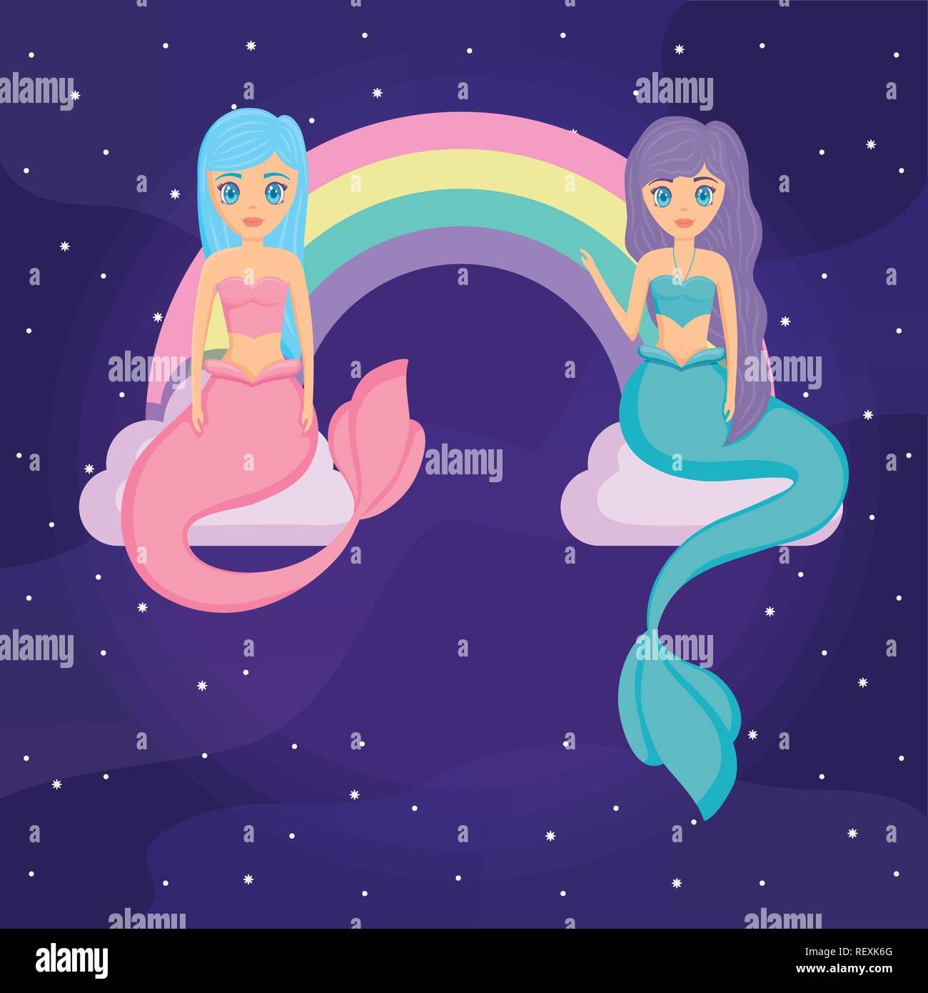 cute mermaids and rainbow over purple background, vector illustration ...