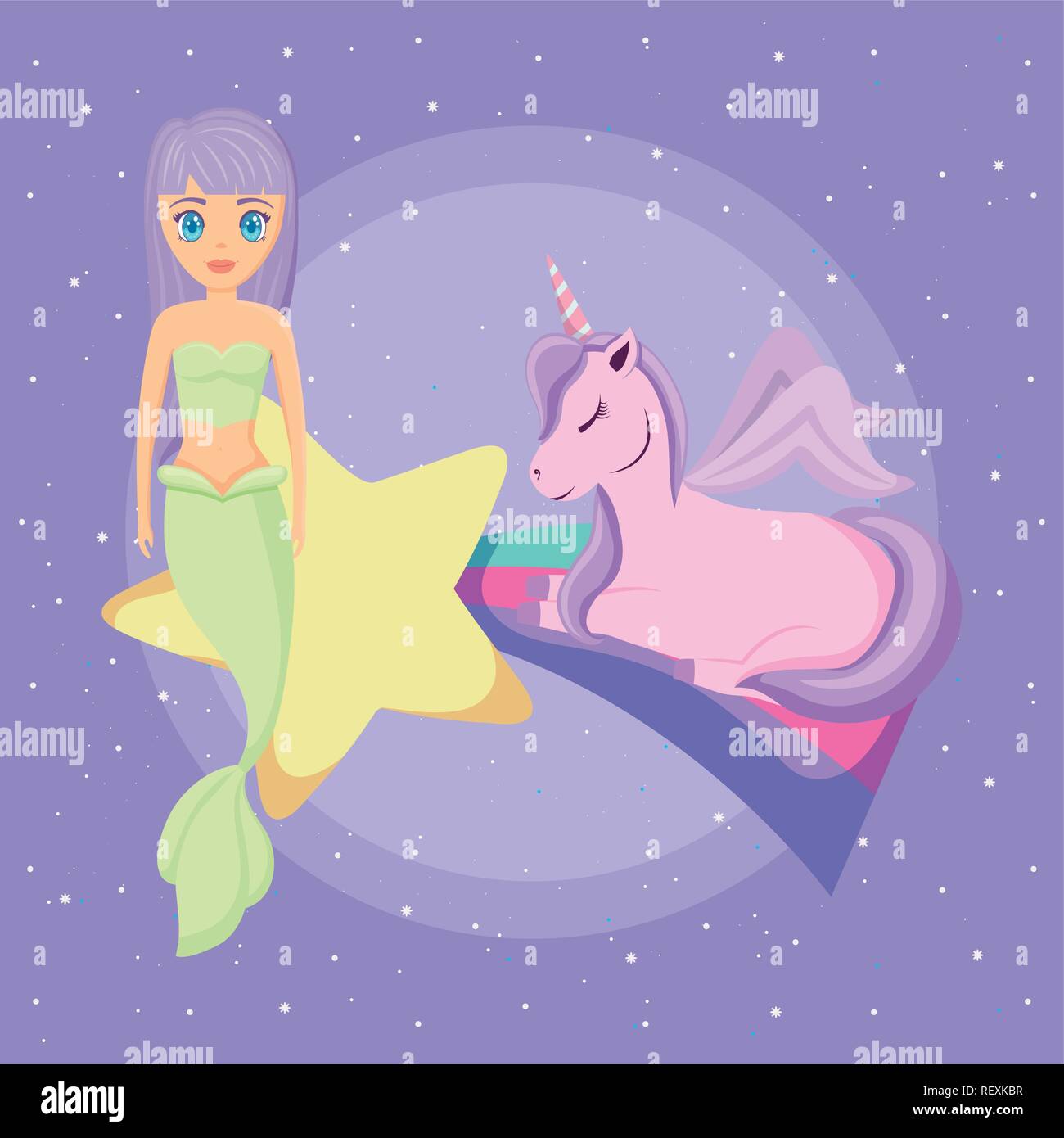 Mermaid with cute unicorn and star over purple background, colorful ...