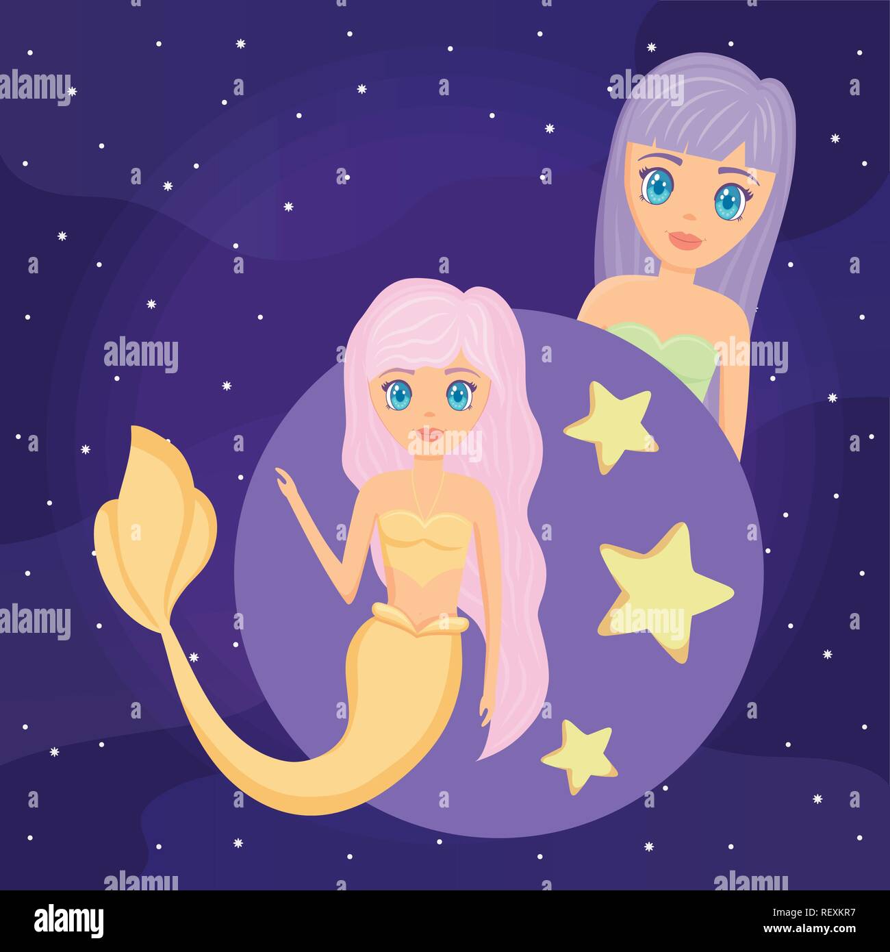 cute mermaids with stars around over purple background, colorful design ...