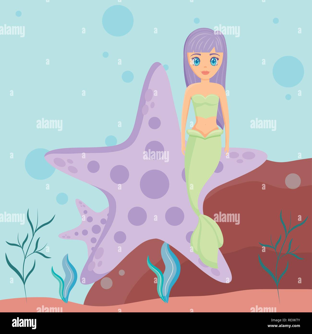 sea star and mermaid over sea background, colorful design. vector ...