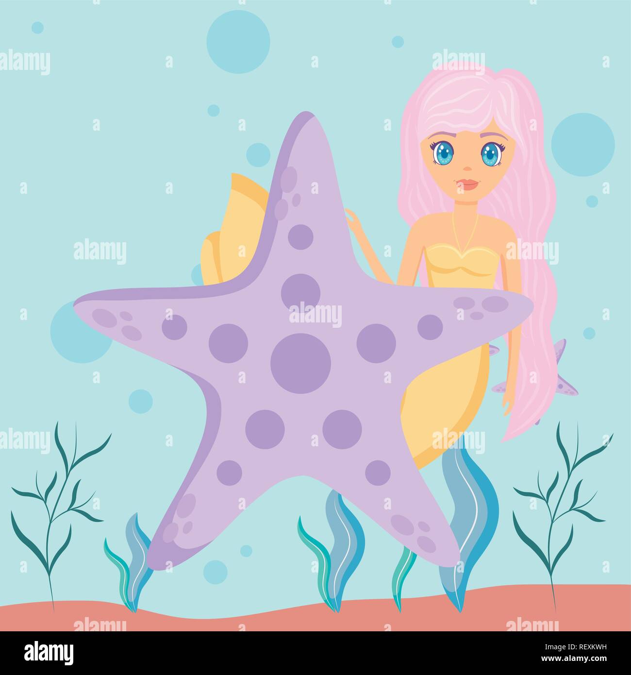 sea star and mermaid over sea background, colorful design. vector ...