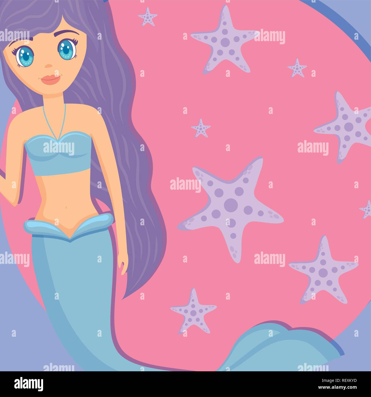 cute mermaid with sea stars around over pink background, vector ...