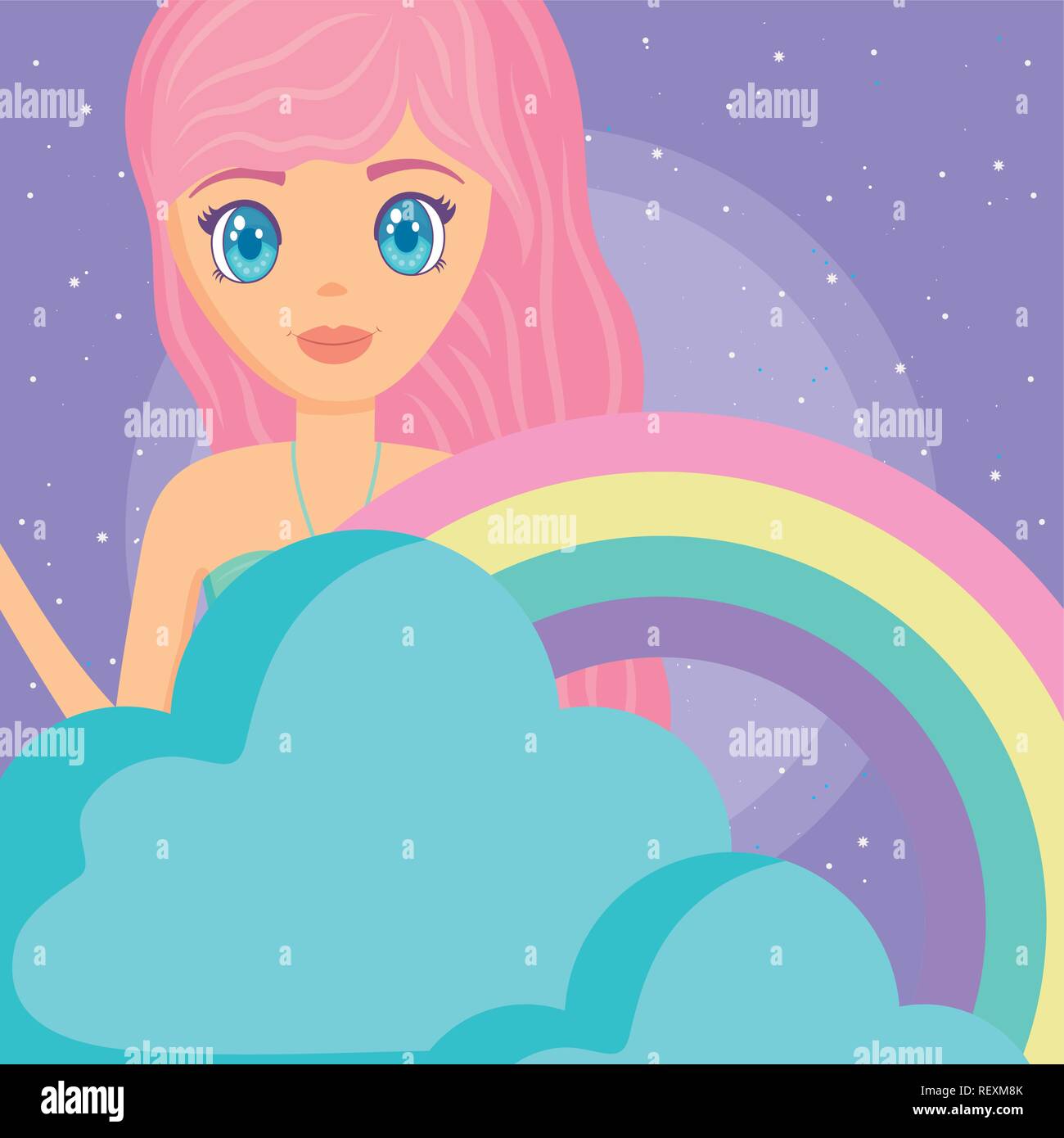 cute mermaid and rainbow over purple background, vector illustration ...