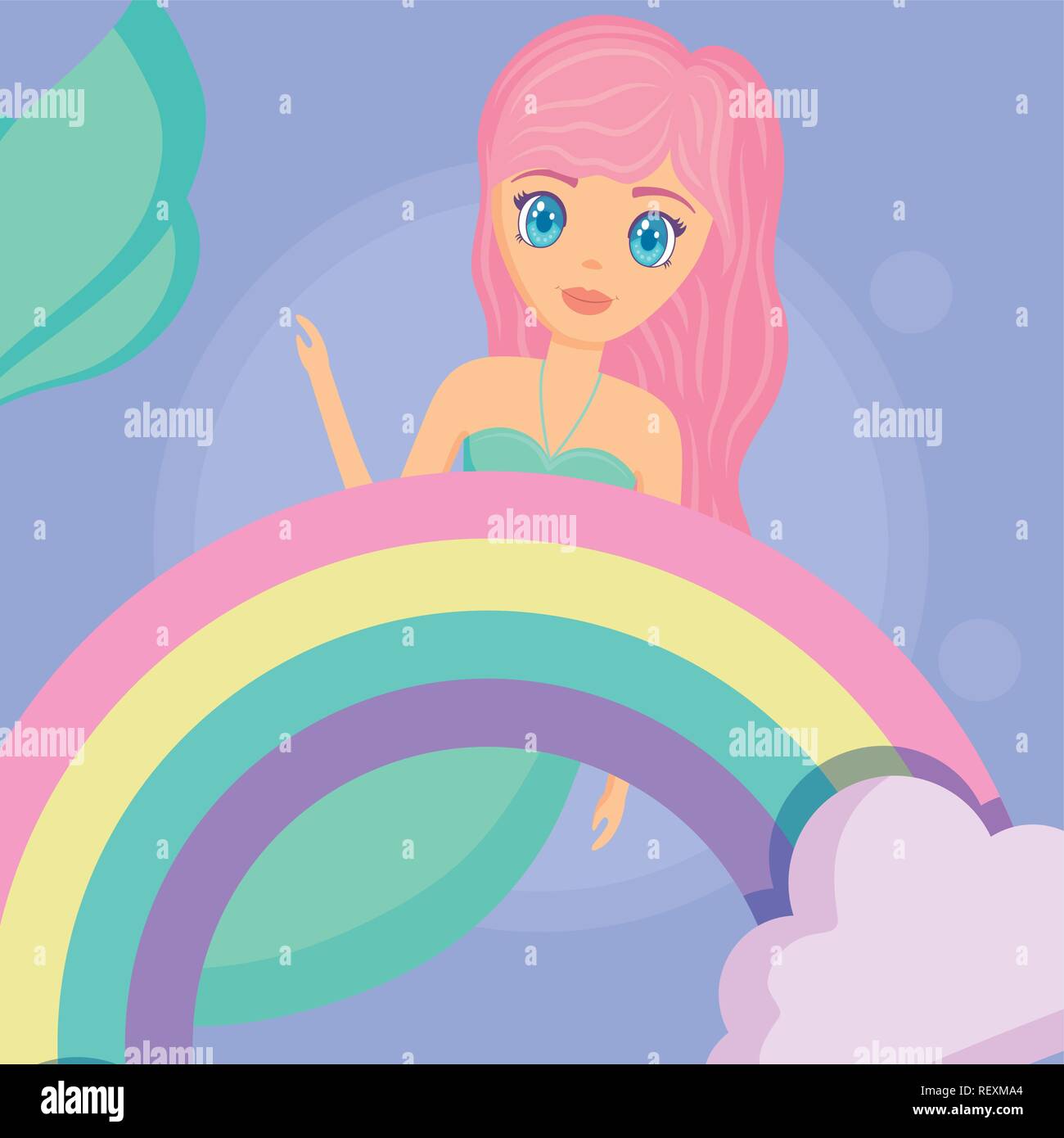 cute mermaid and rainbow over purple background, vector illustration ...