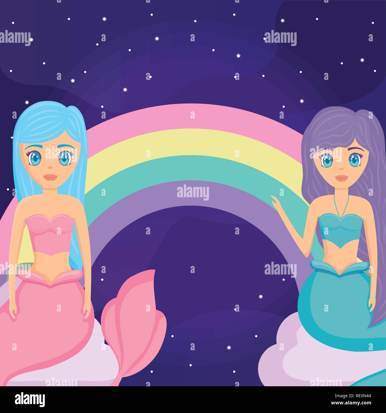 rainbow and mermaid over purple background, vector illustration Stock ...