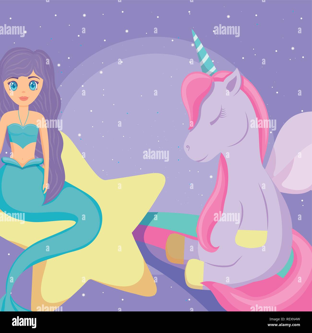 Mermaid with cute unicorn and star over purple background, colorful ...