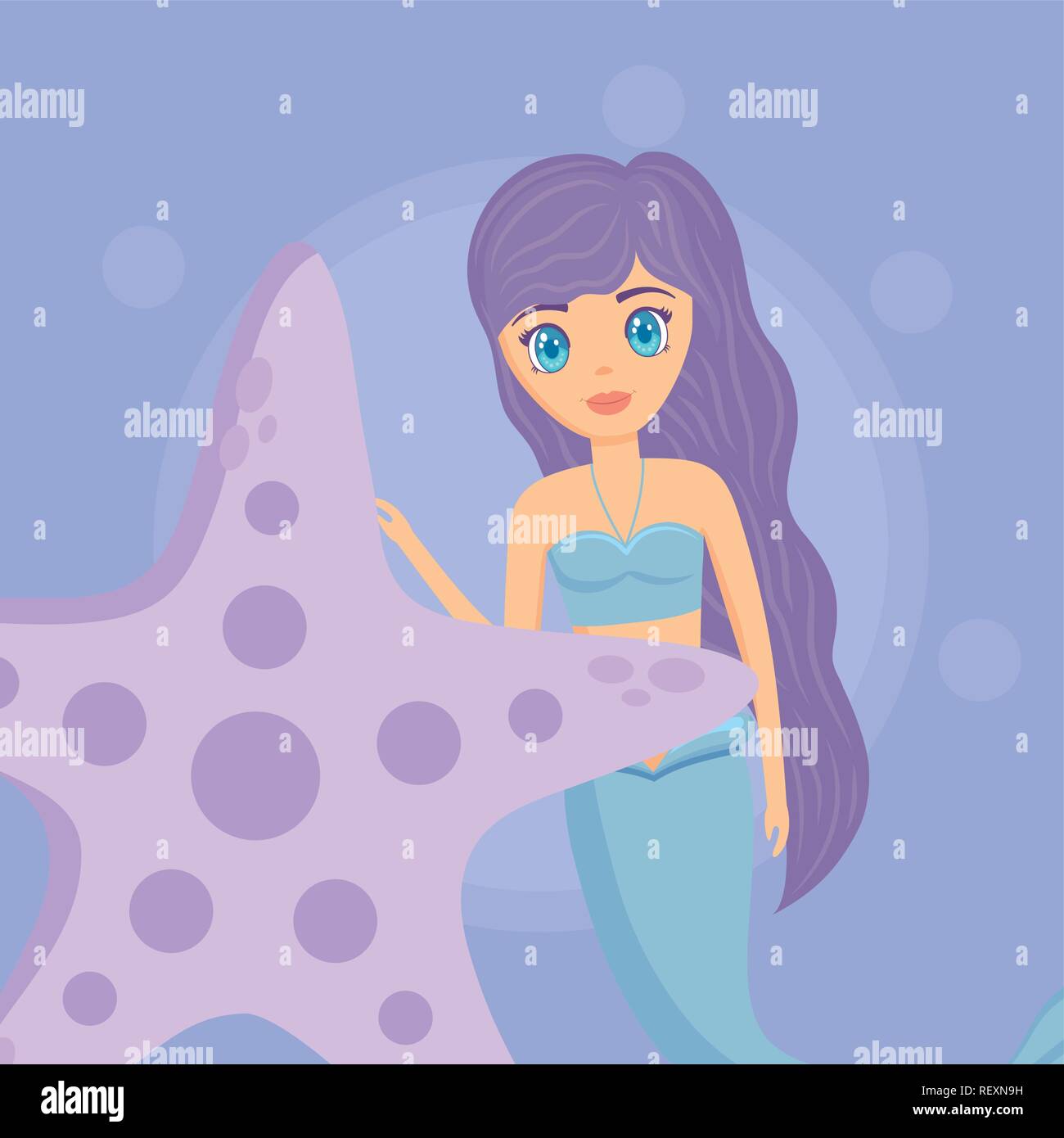 sea star and mermaid over purple background, colorful design. vector ...