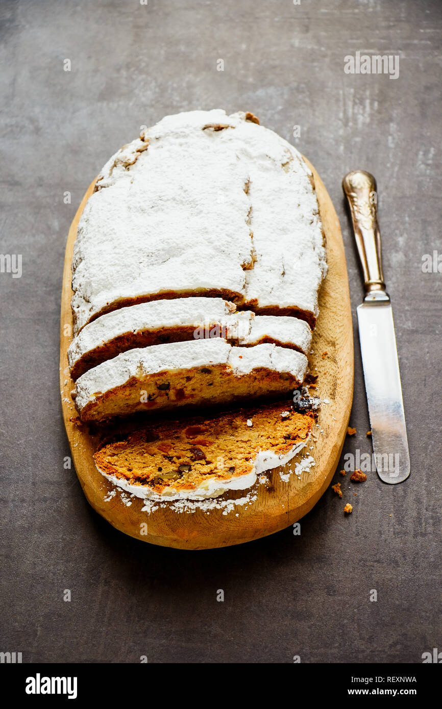 Delicious traditional stollen cake close up. Dresdner christ pastry ...
