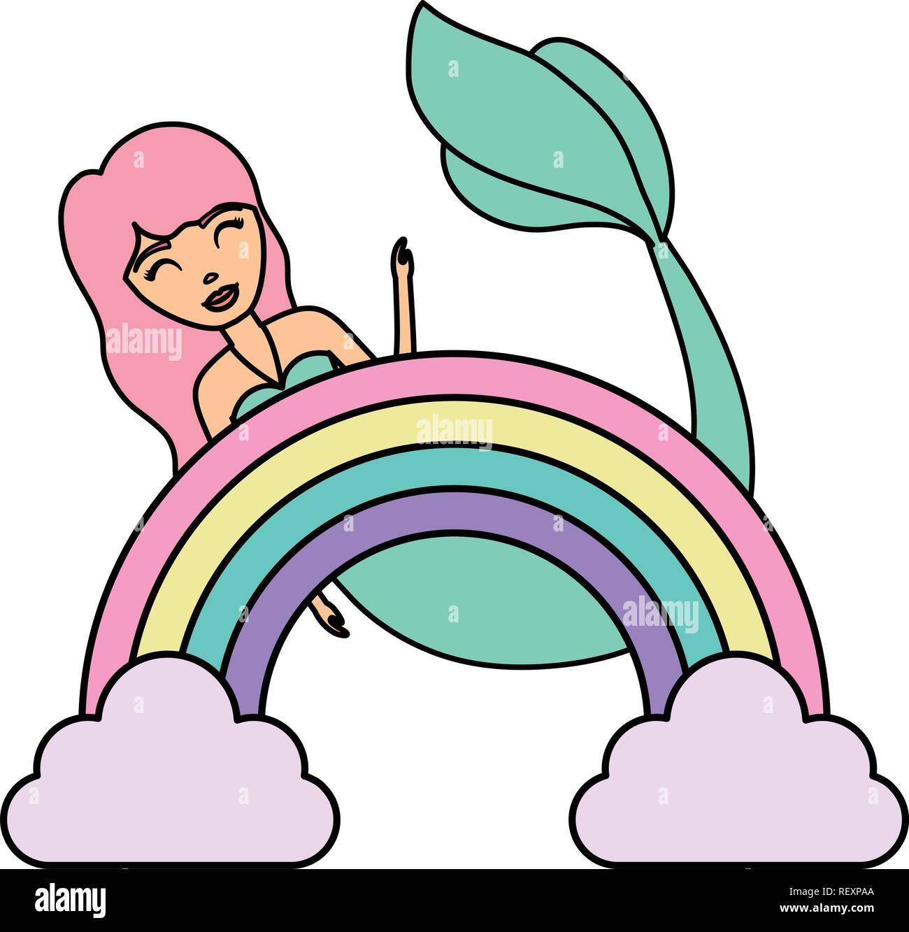 cute mermaid and rainbow over white background, vector illustration ...