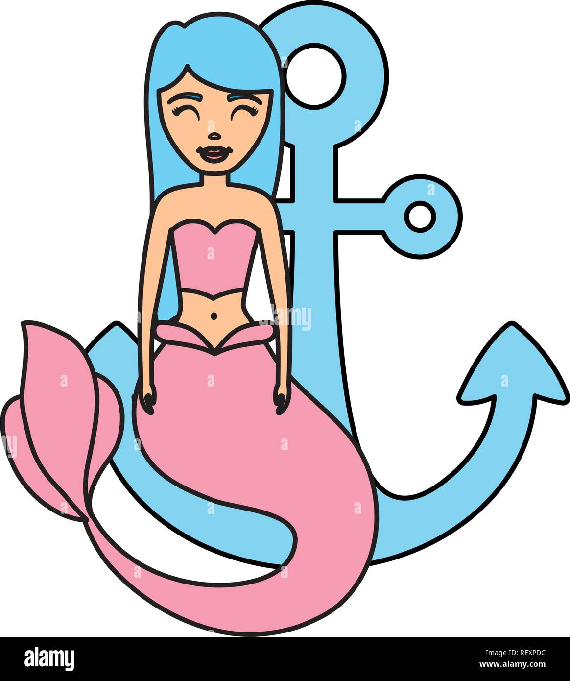 cute mermaid and anchor over white background, vector illustration ...