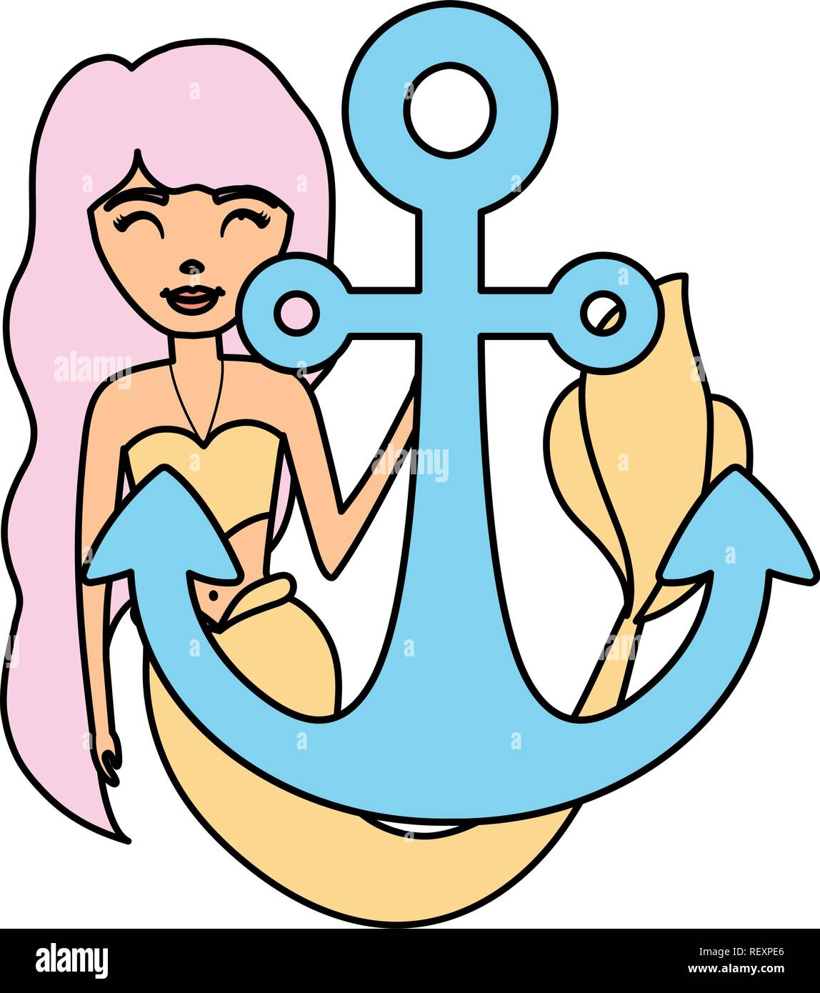 cute mermaid and anchor over white background, vector illustration ...