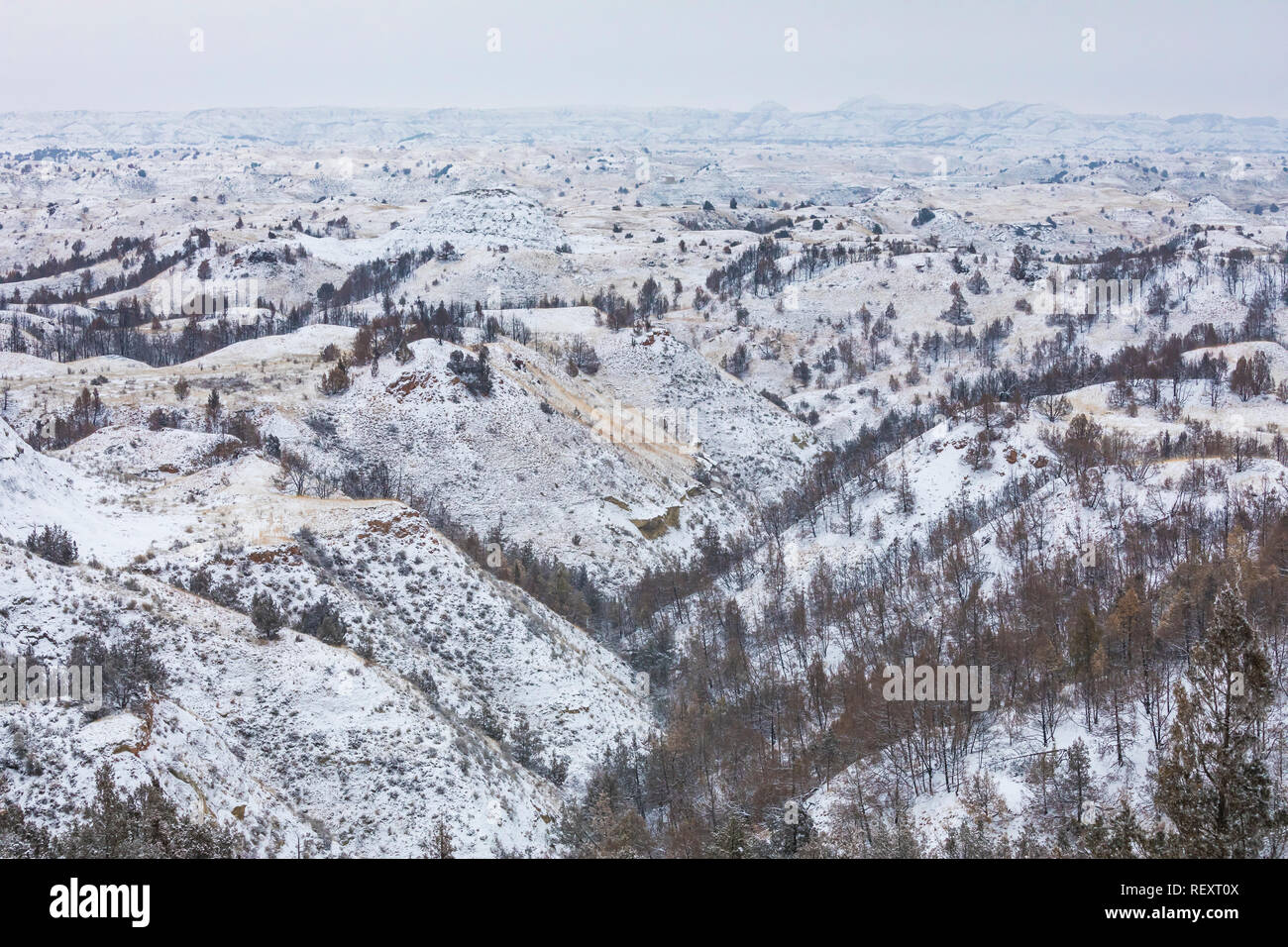 Snow-covered badlands in November in the South Unit of Theodore ...