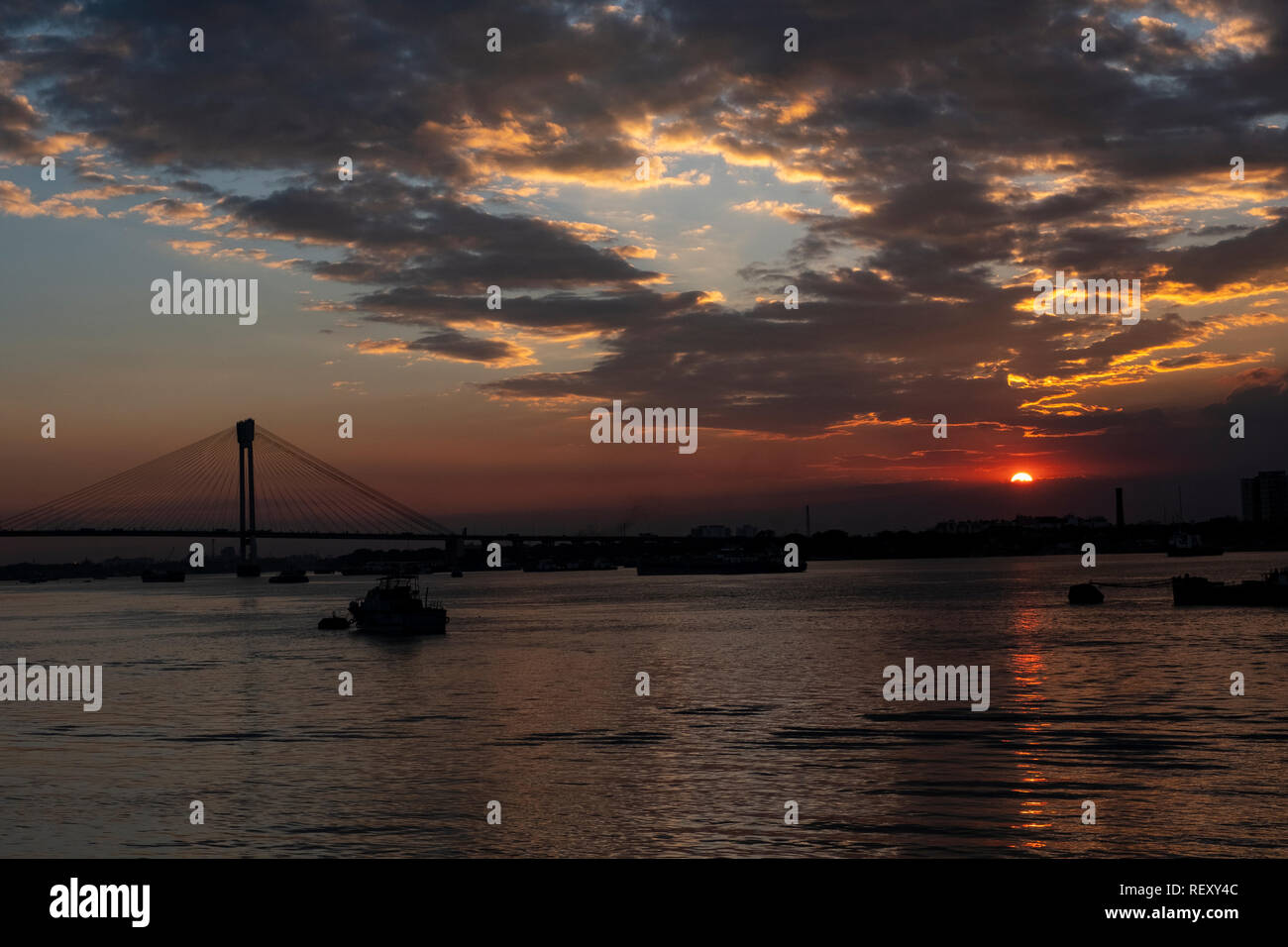 sunset over Kolkata, India with a view of the Ganges River Stock Photo ...