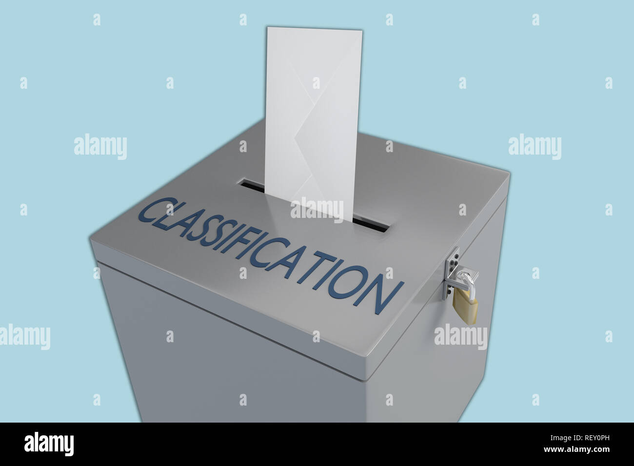 3D illustration of CLASSIFICATION script on a ballot box, and an voting ...