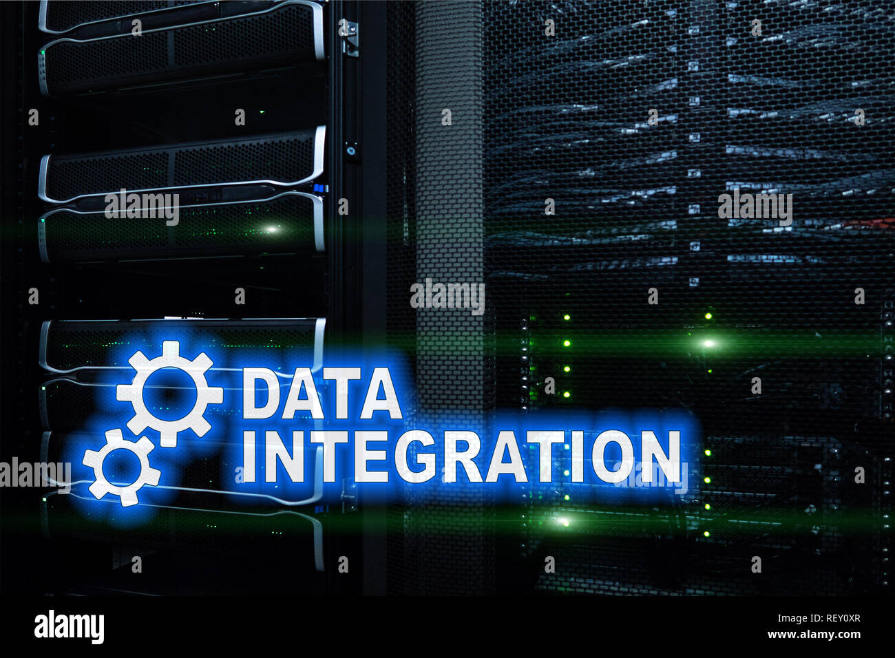 Data integration information technology concept on server room ...