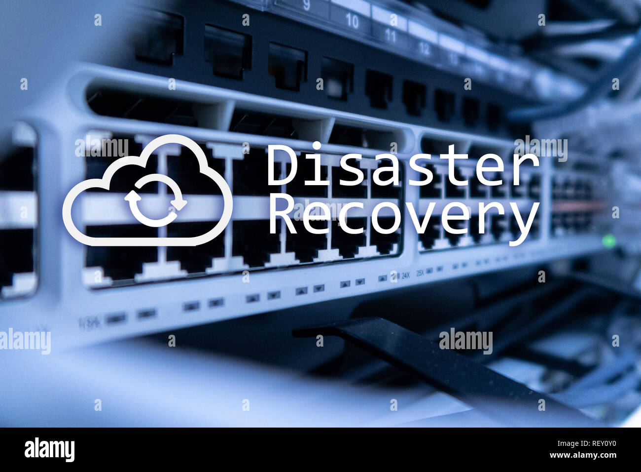 DIsaster recovery. Data loss prevention. Server room on background ...