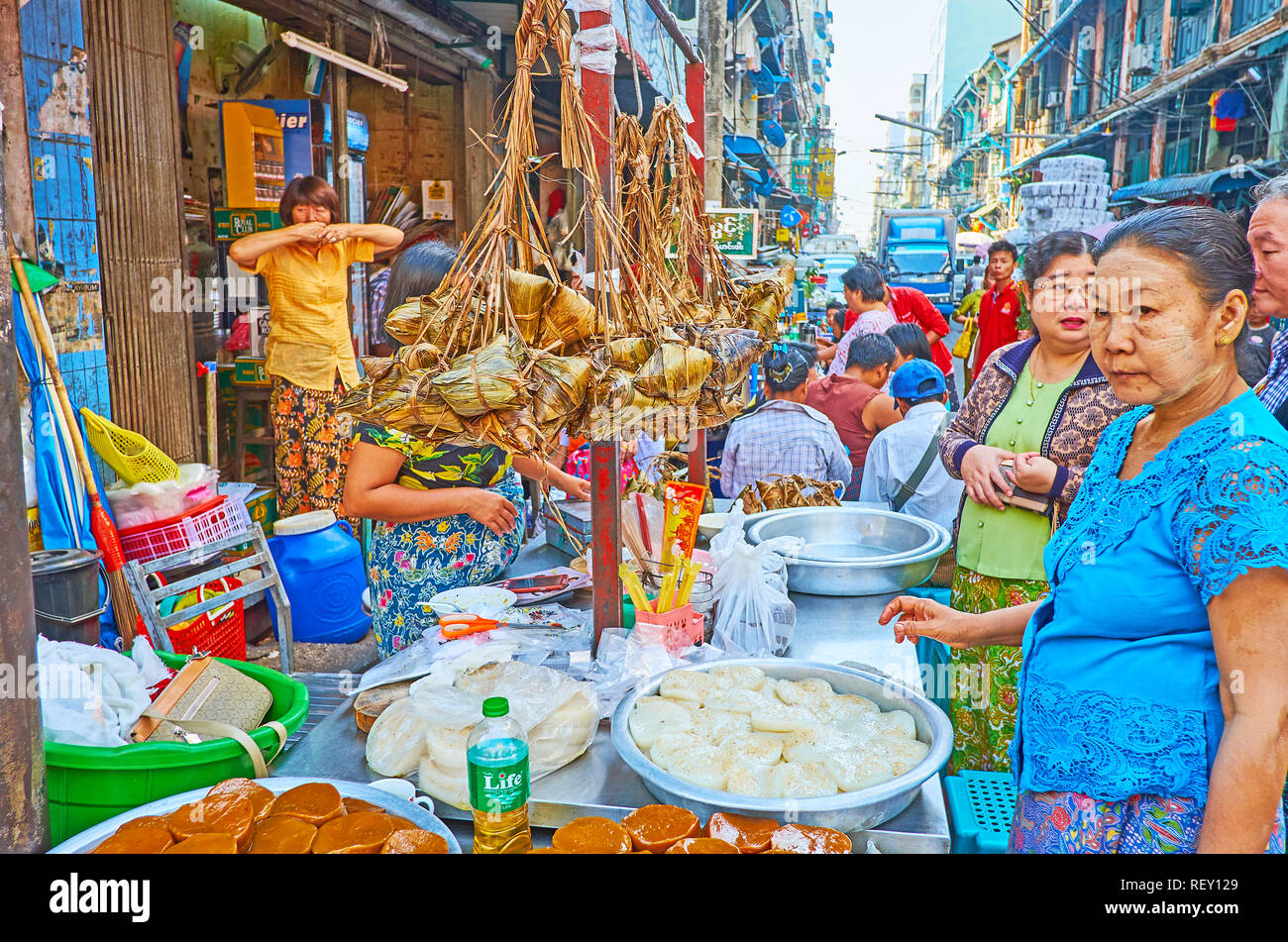 YANGON, MYANMAR - FEBRUARY 17, 2018: Chinatown (Tayoke Tan) market is ...