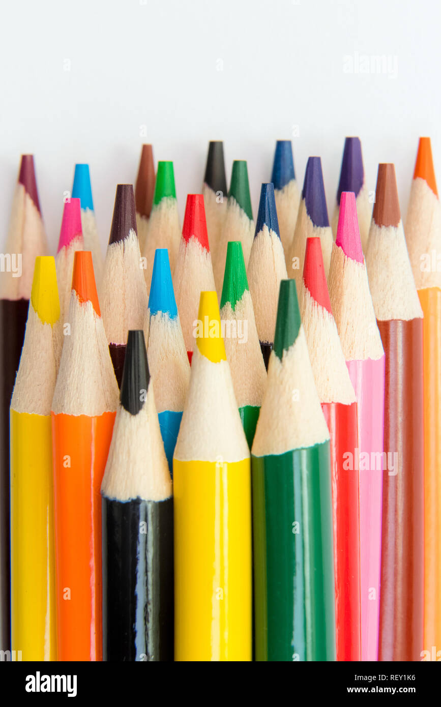 An assortment of colour pencils on white background. School supplies ...