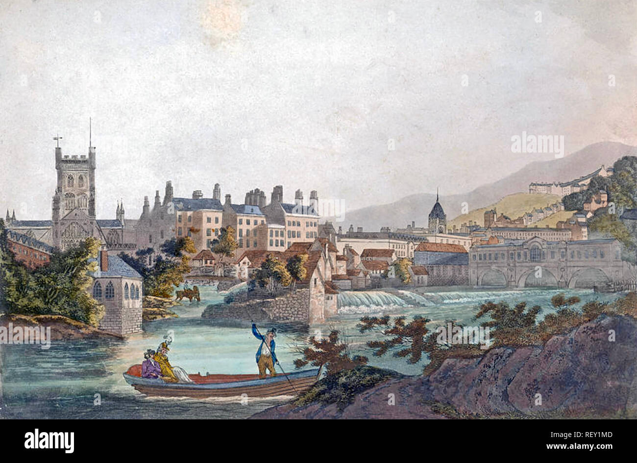 CITY OF BATH, Somerset, England, in a 1793 lithograph with the Abbey at ...