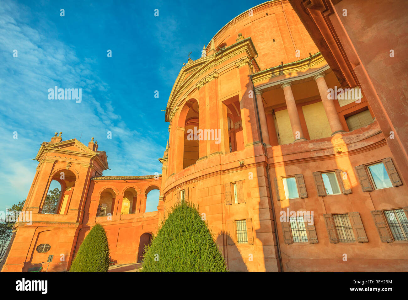 Side view of bell tower at Sanctuary of Madonna di San Luca with ...