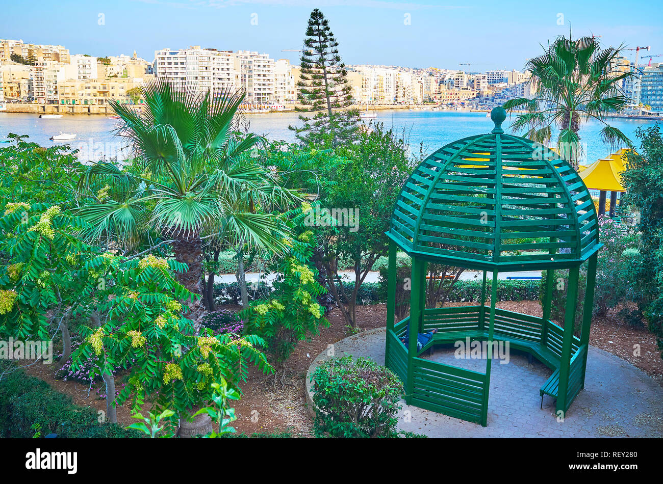 The wooden alcove in beautiful Independence garden on Sliema coast with ...