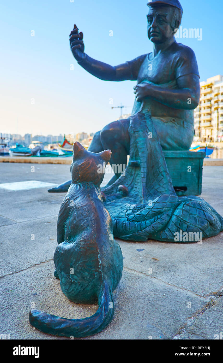 ST JULIANS, MALTA - JUNE 20, 2018: The modern statue of the fisherman ...