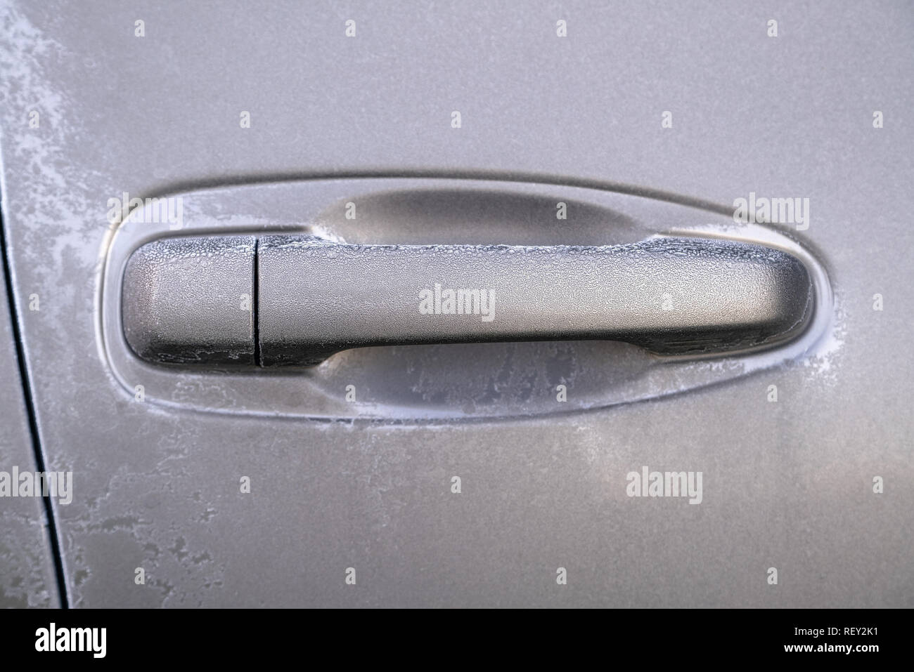 Car Door Handle Covered In Frost On Early Autumn Morning Dropping Temperature Approaching 