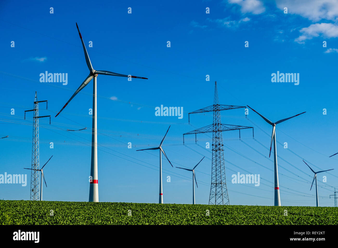 Some wind power plants and a high-voltage powerline in agricultural ...