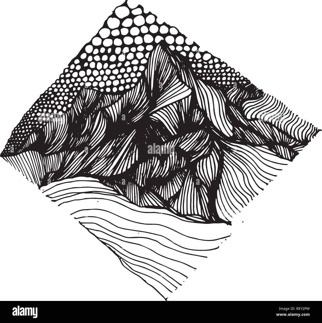 Psychedellic pattern with mountains drawn by lines and sky drawn by ...