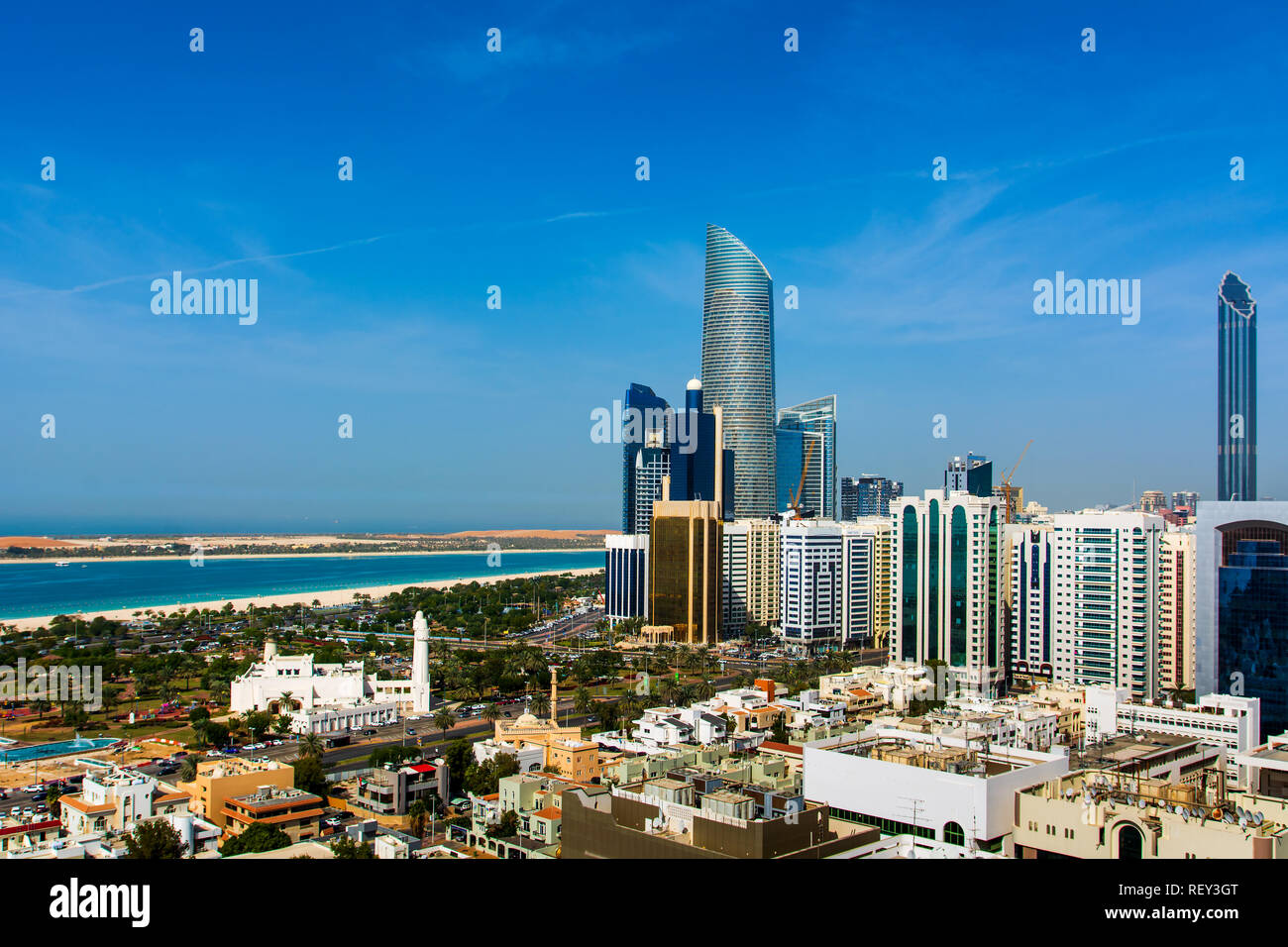 Abu Dhabi panoramic city landmark view of modern buildings Stock Photo ...