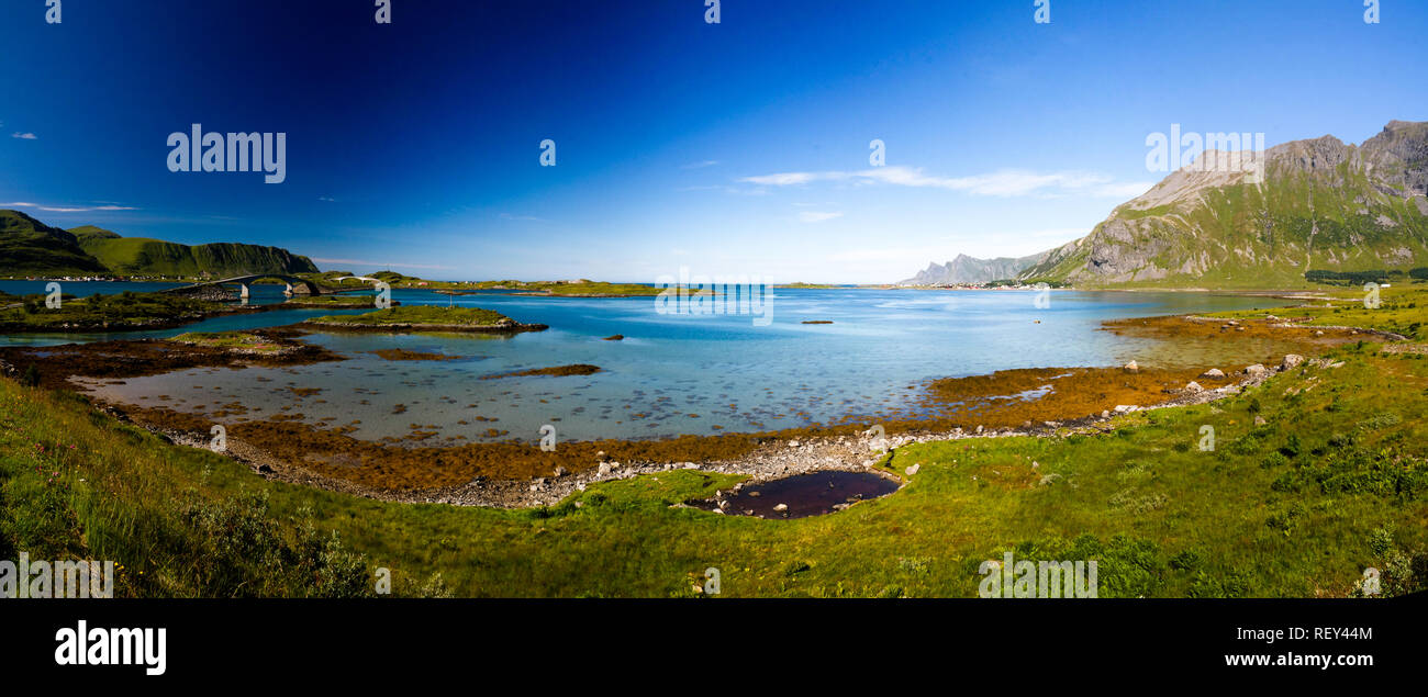 Landscape panoramic view to Fredvang bridge, Torvoya and buoya islands ...