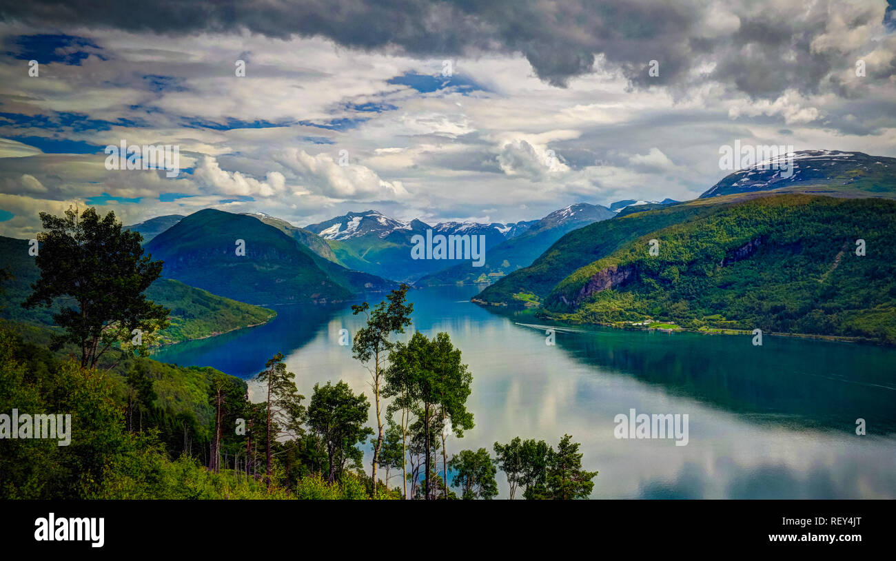 Landscape panoramic view to innvikfjorden, innvik and utvik village in ...