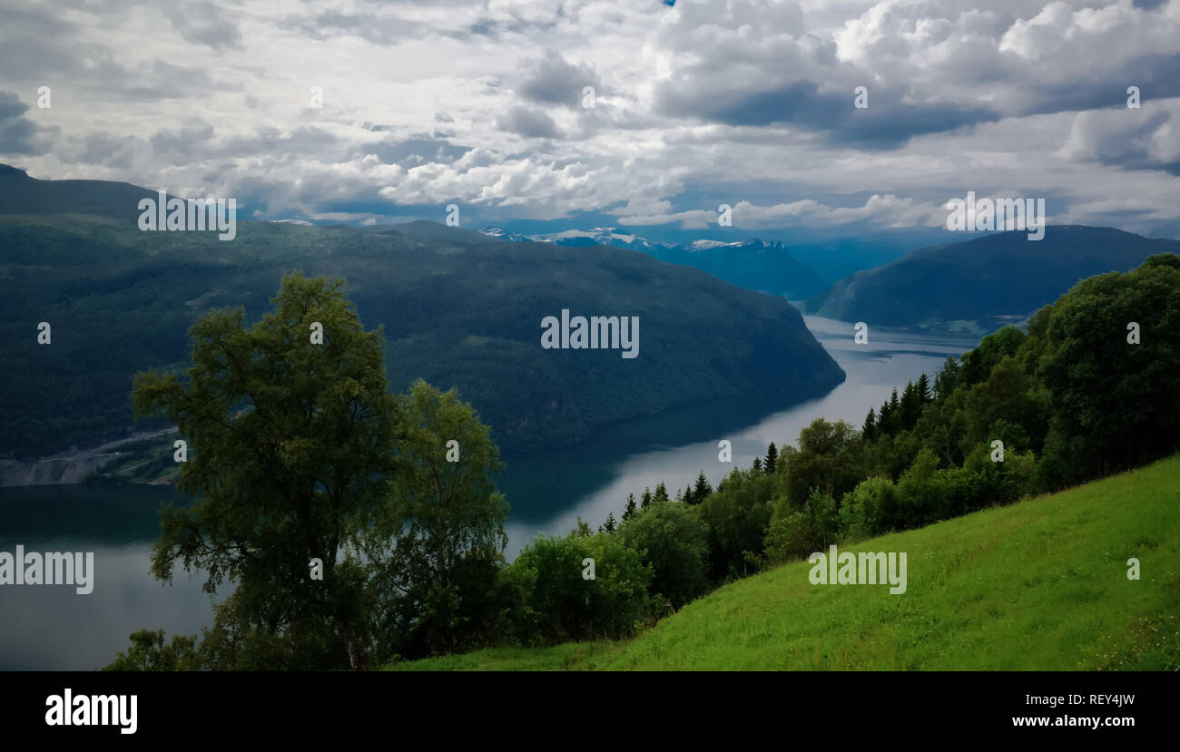 Landscape panoramic view to innvikfjorden, innvik and utvik village in ...