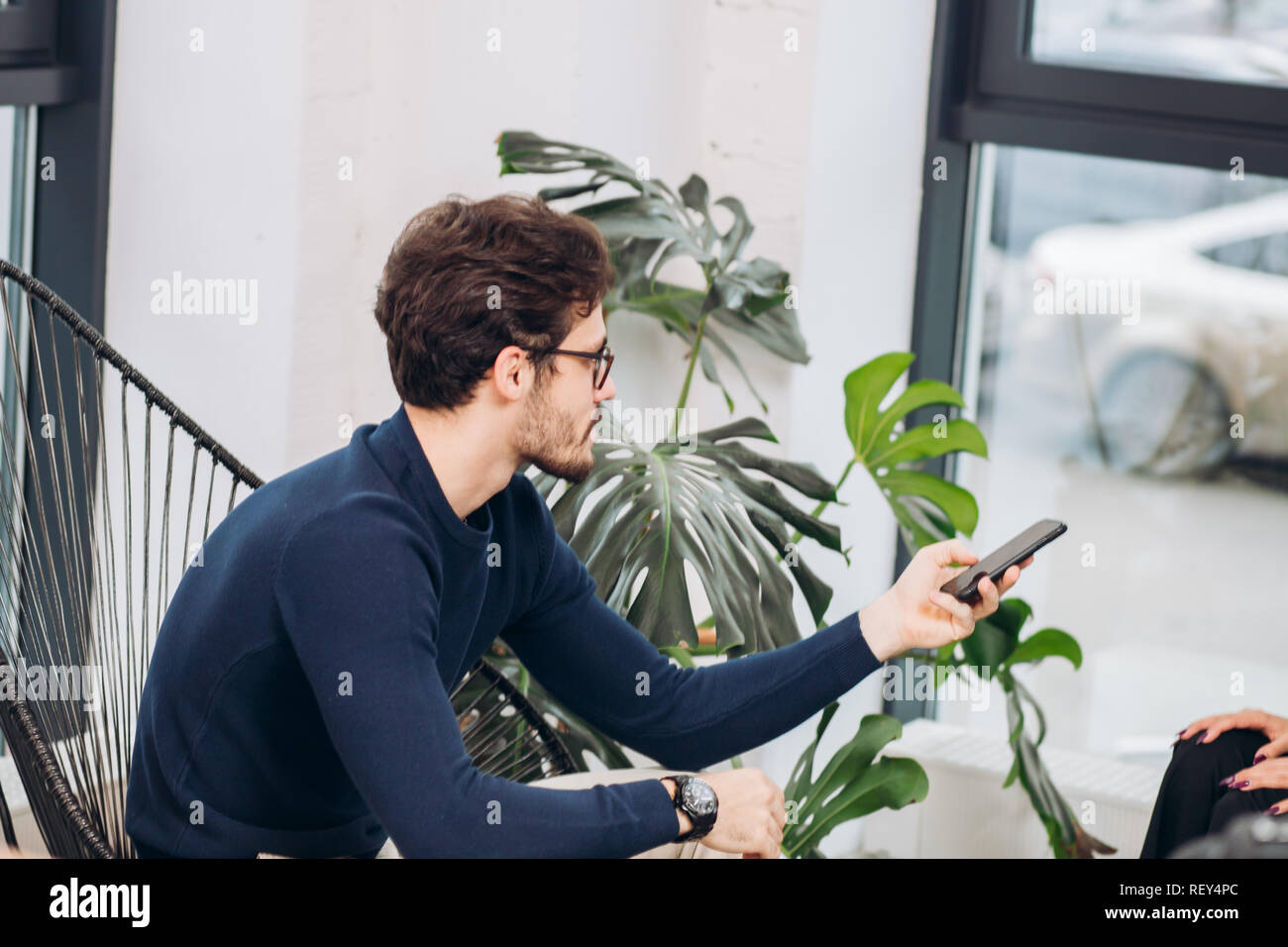 Female journalist recording video interview hi-res stock photography ...