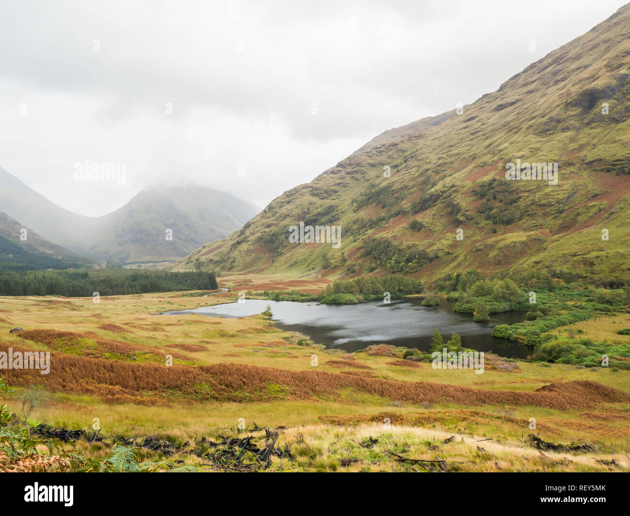 Wide view into Glen Etive and the River Etive in the Highlands of ...
