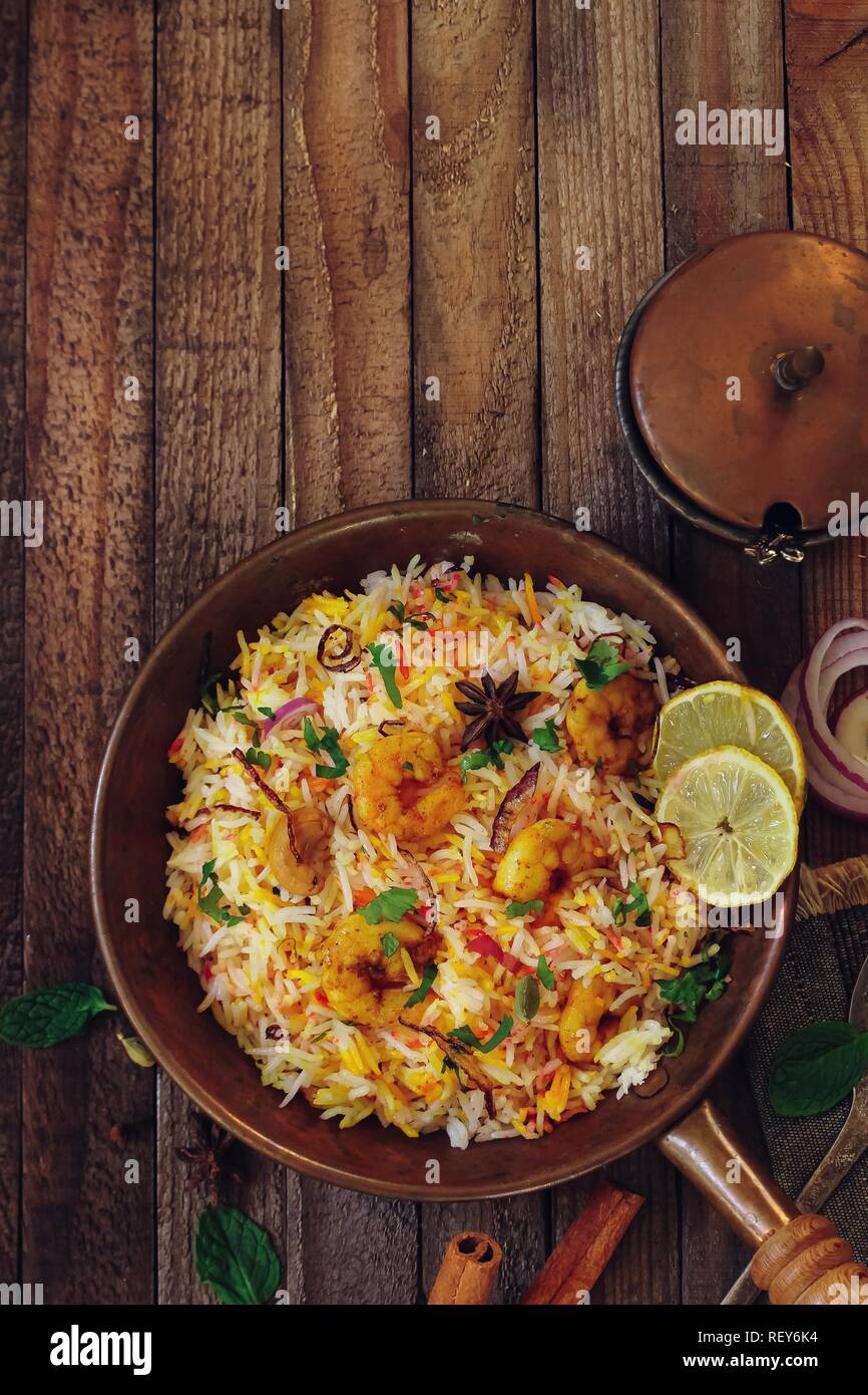 Shrimp (Prawn ) Biryani top down view on wooden background Stock Photo ...